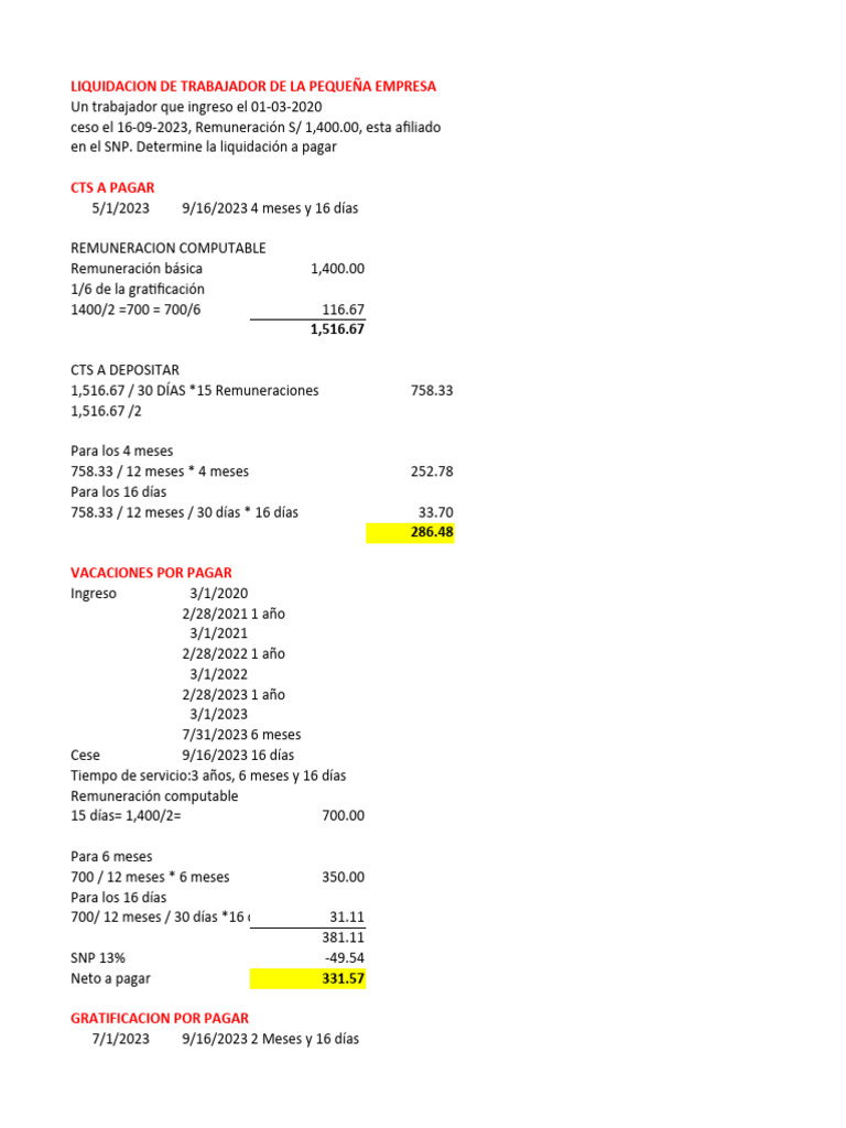 Liquidacion de Beneficios Laborales MYPE | PDF