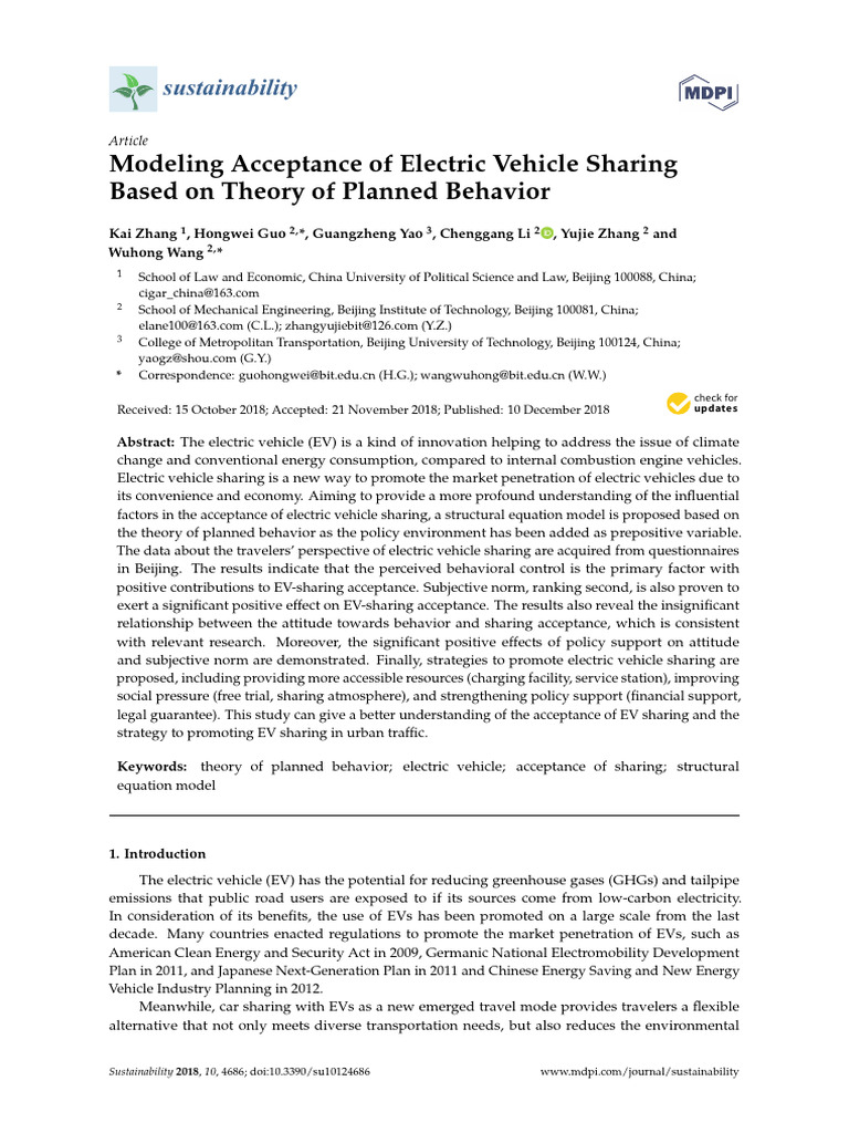 Modeling Acceptance Of Electric Vehicle Sharing Tpb Pdf Electric Vehicle Structural