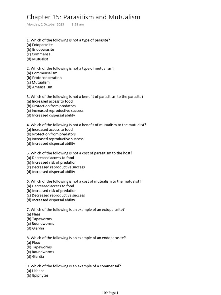Chapter 15 Parasitism and Mutualism | PDF | Symbiosis | Parasitism