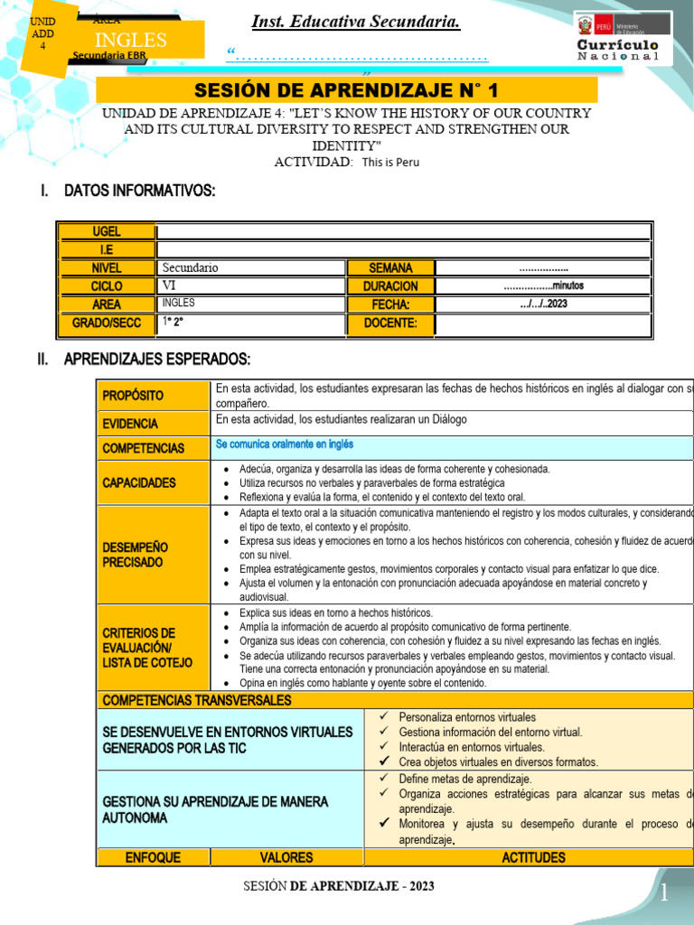 1° 2°-Ses Act 01-Inlgles-U4 | PDF | Evaluación | Aprendizaje