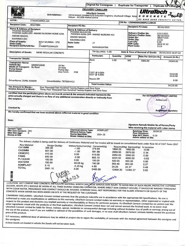 Ultratech RMC Challan - 219152825 - 30-10-2023 | PDF