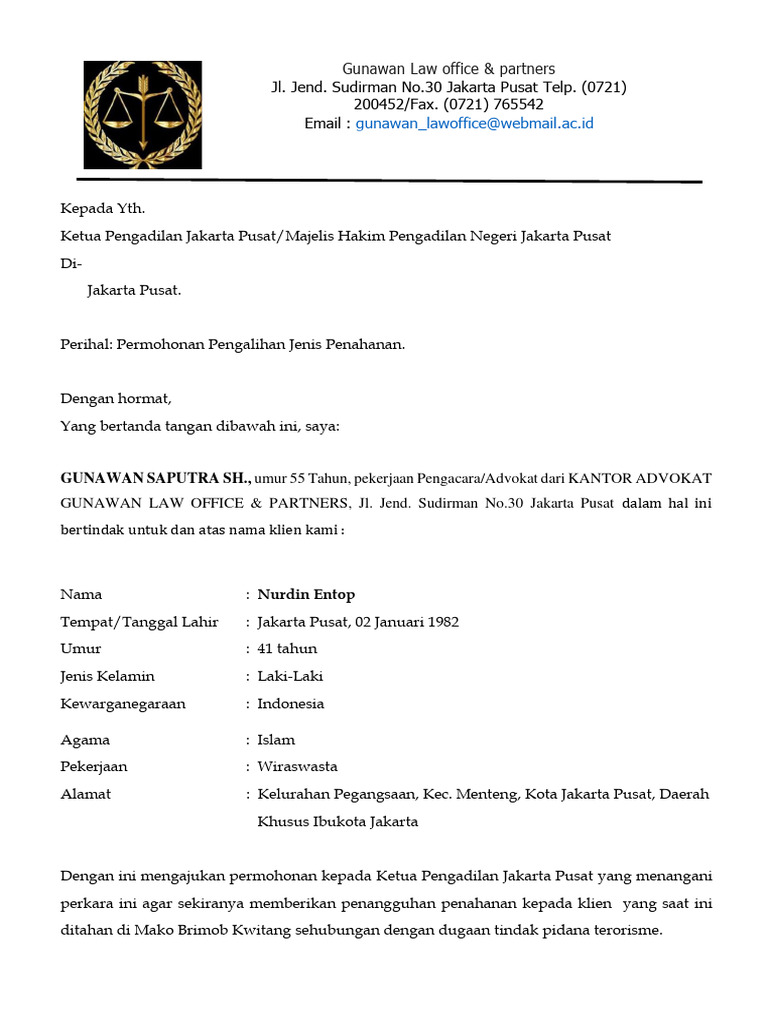 Permohonan Penangguhan Penahanan Klien | PDF