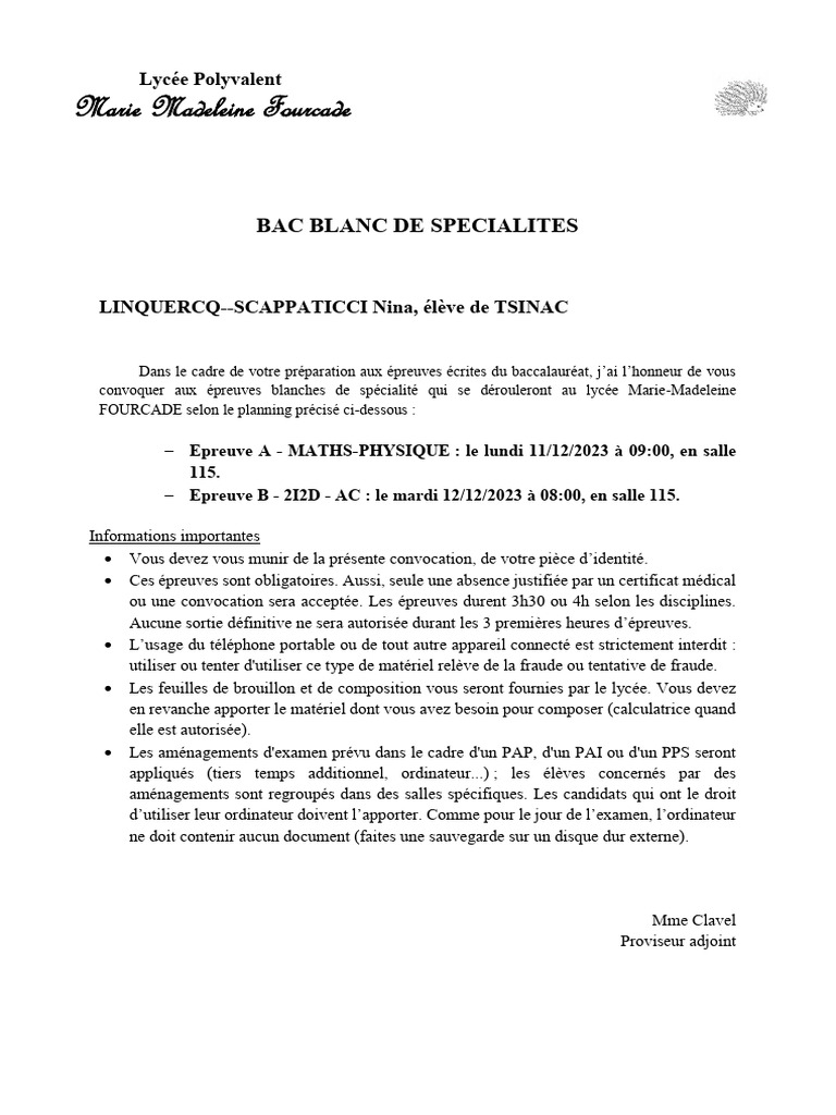 BAC BLANC DE SPECIALITES - Convocation - Publiposte - TSTI2D (Glissé (E ...