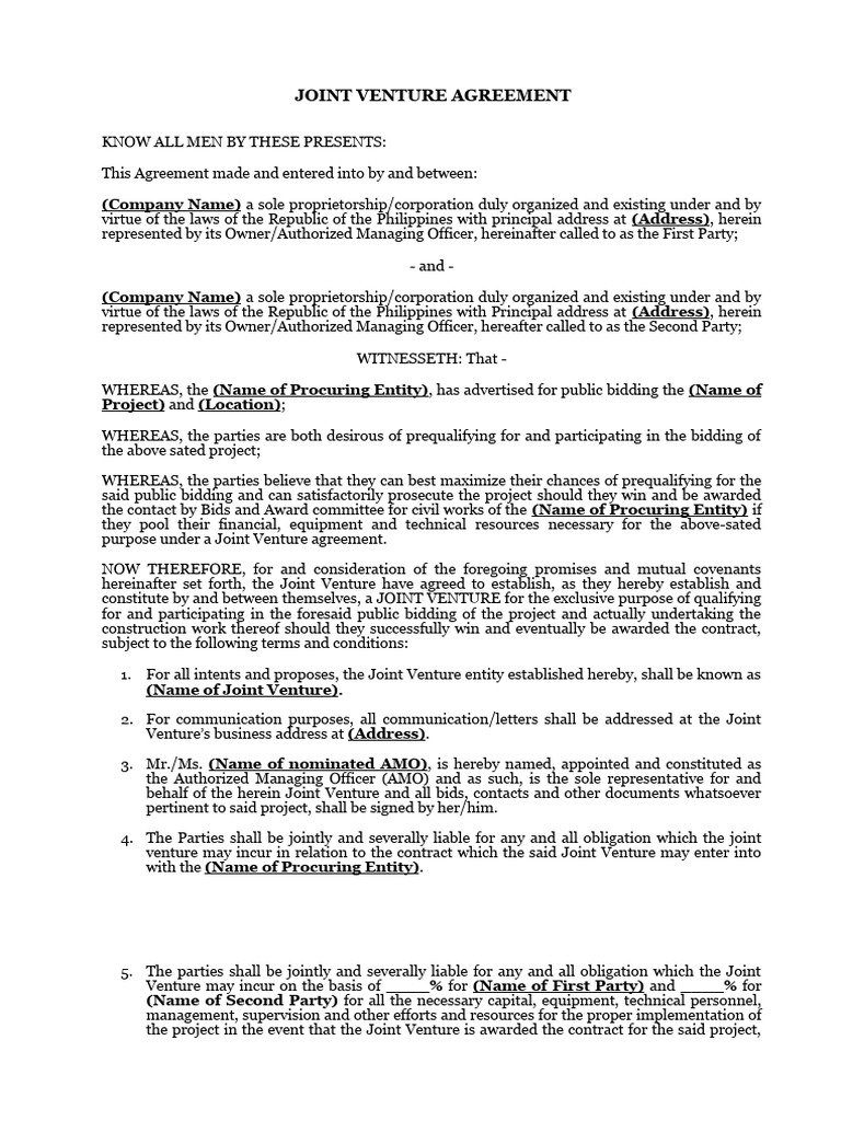 Joint Venture Agreement Template | PDF | Joint Venture | Business