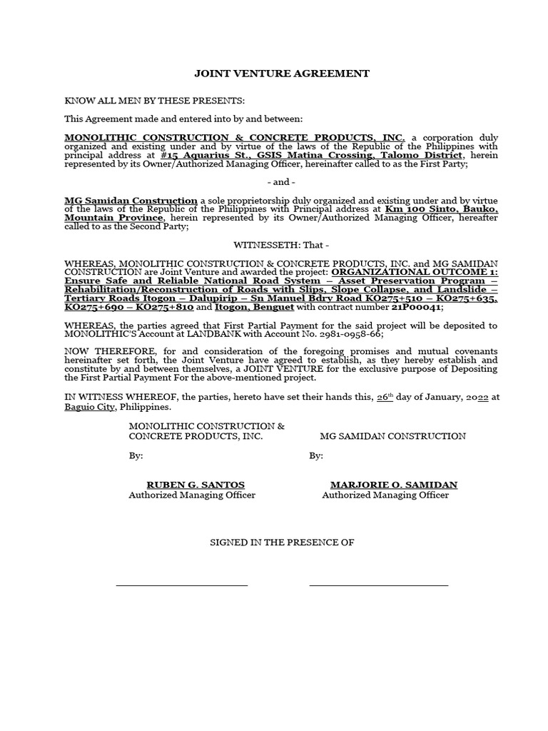 Joint Venture Agreement: Monolithic & MG Samidan | PDF | Business ...