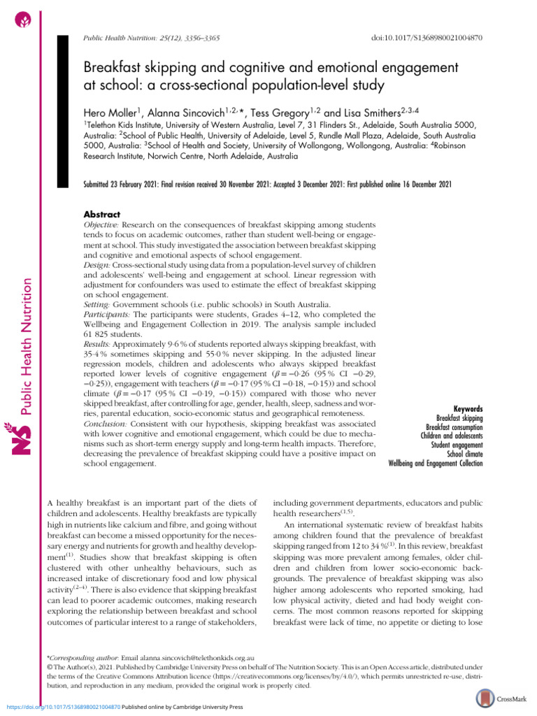 Breakfast Skipping and Cognitive and Emotional Engagement at School ...
