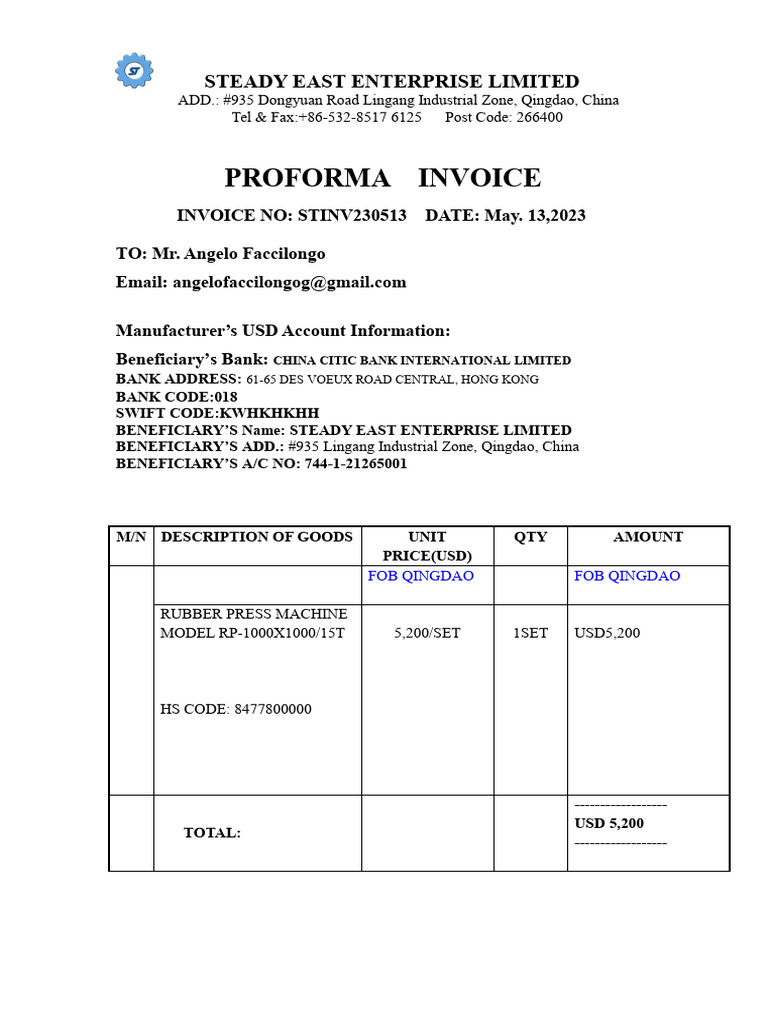 15T 1000x1000mm RUBBER VULCANIZING PRESS PROFORMA INVOICE - Steady Machinery-Bob) | PDF ...