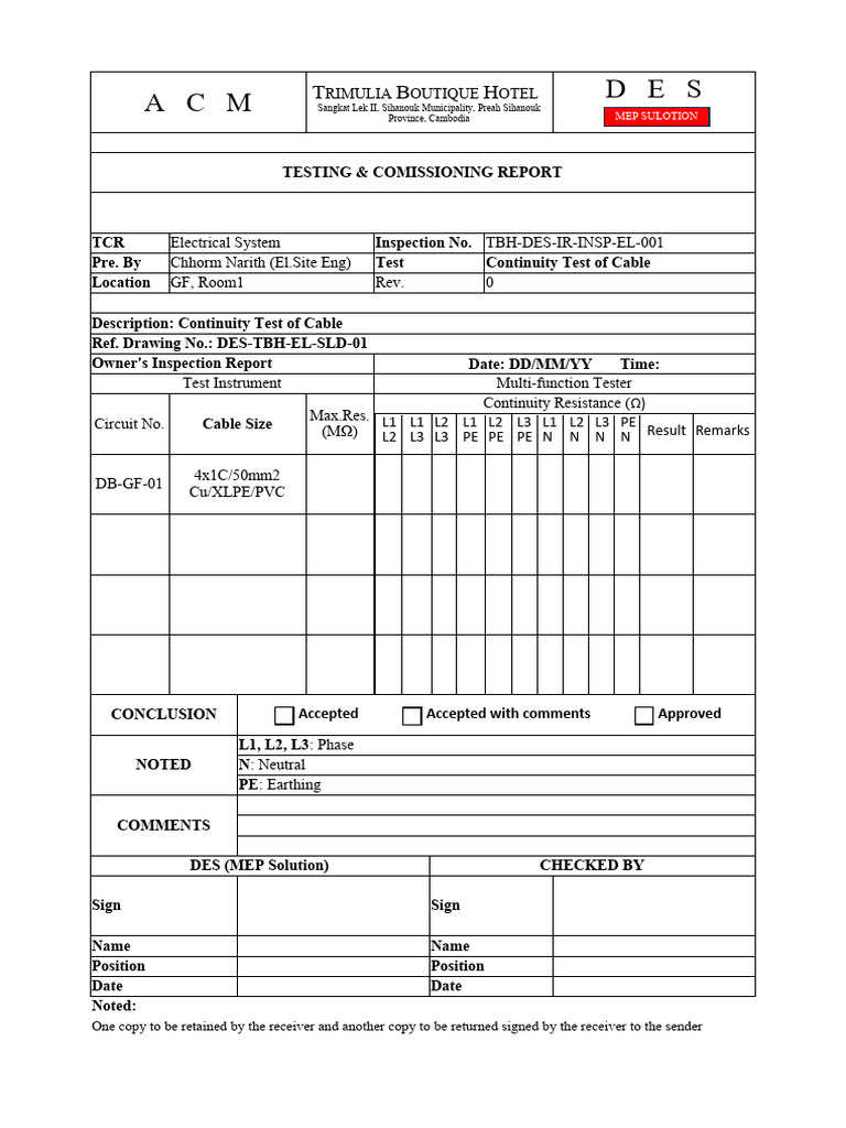 Testing And Commissioning Report Continuity Testing Pdf