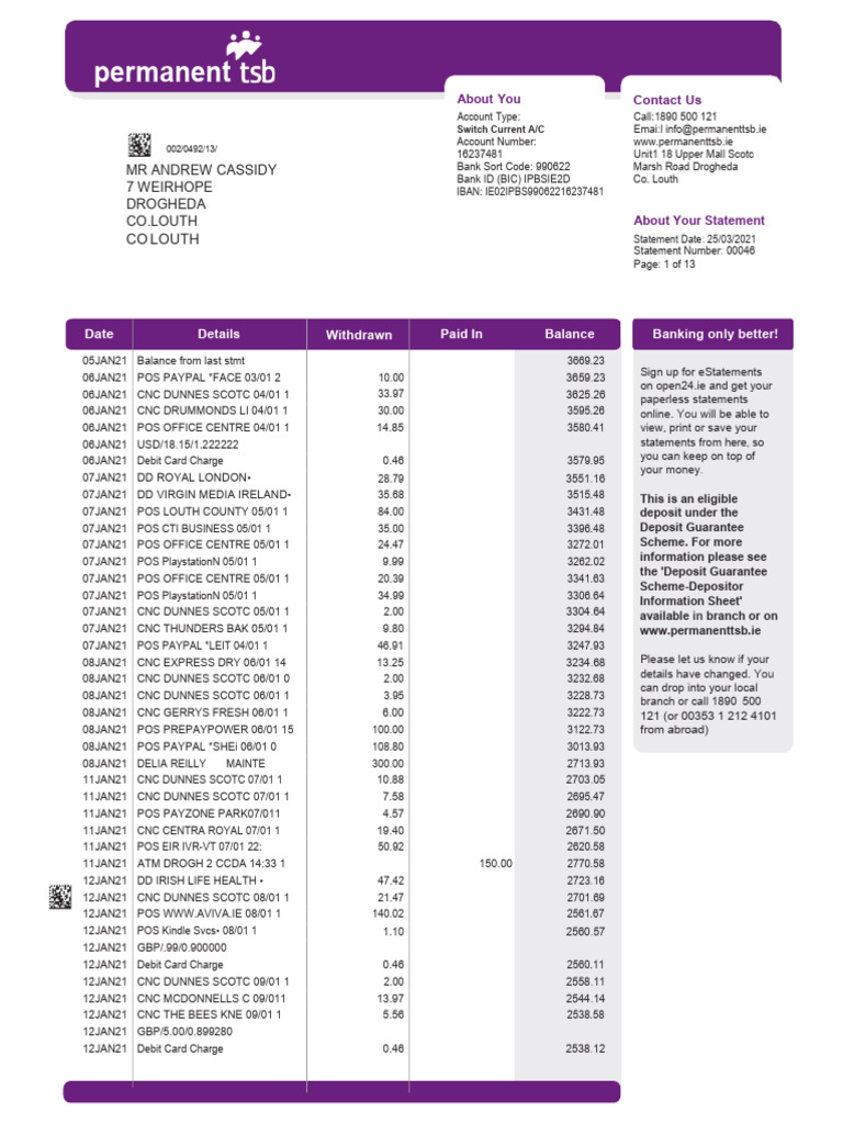 Statement 5 Jan 21 To 25 Mar 21 Master | PDF | Banks | Debit Card