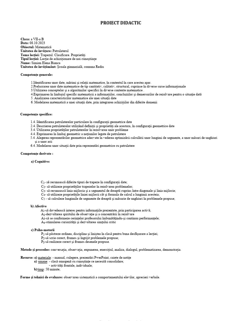 Proiect Didactic Trapezul | PDF