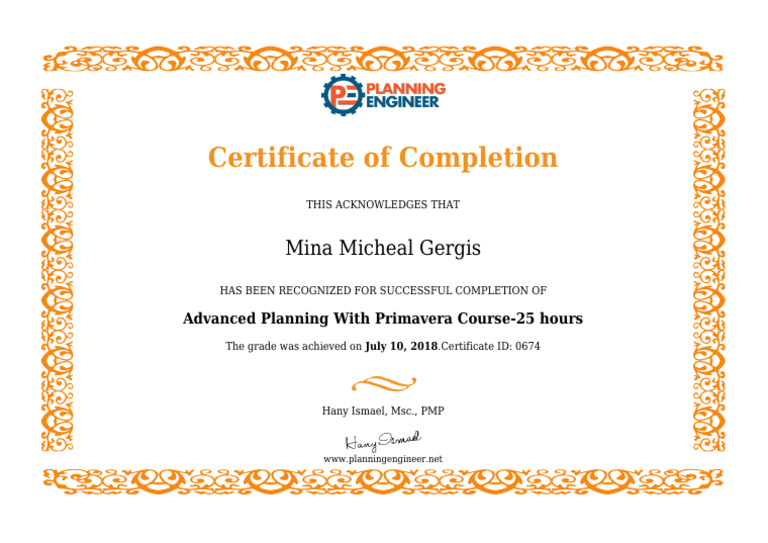 Advanced Primavera Course Completion Certificate | PDF | Career & Growth