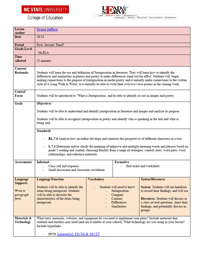 Jeffers - Ela Lesson Plan Immersion Week | PDF | Lesson Plan | Word