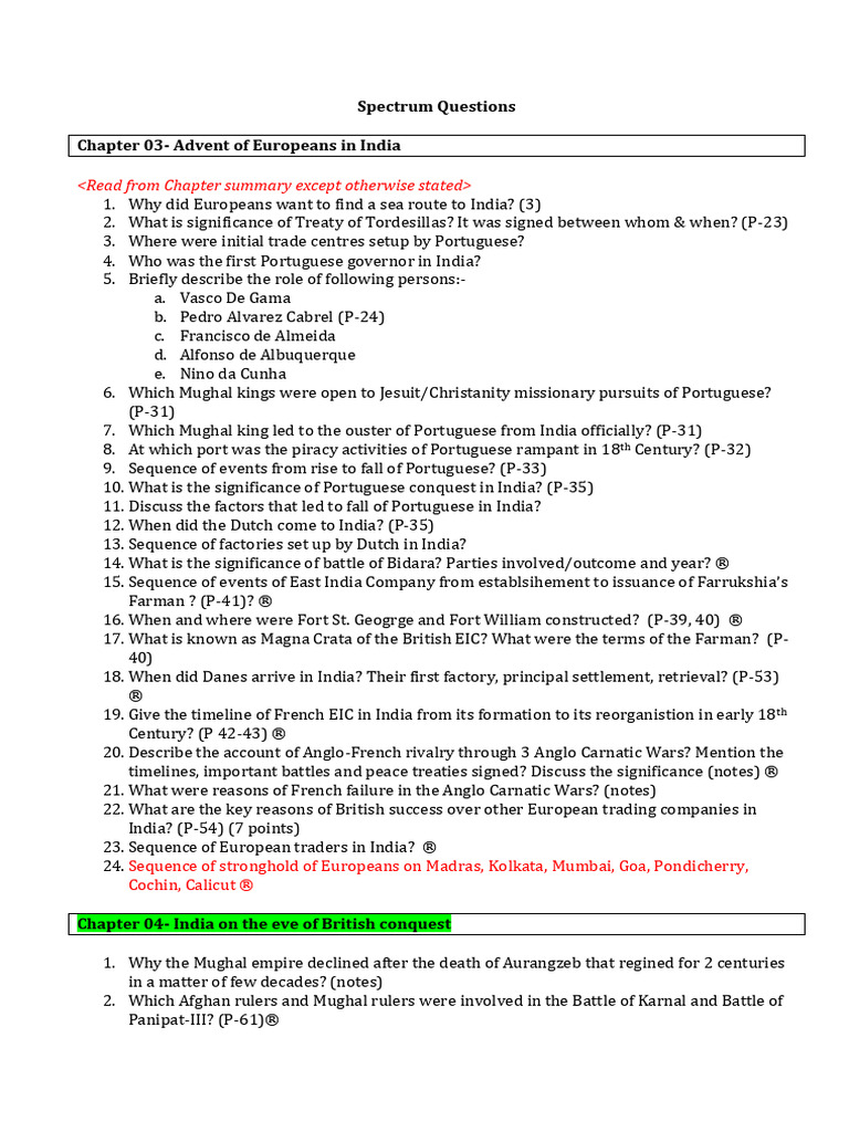 Spectrum Questions | PDF | Indian Rebellion Of 1857