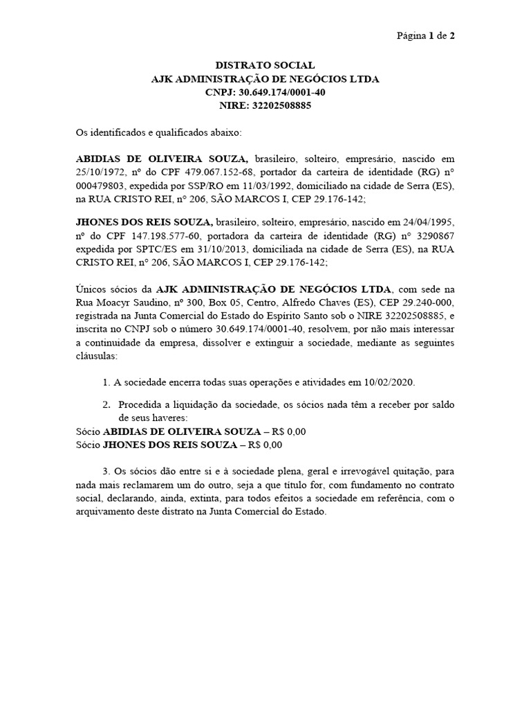 Distrato Social da AJK Administração | PDF