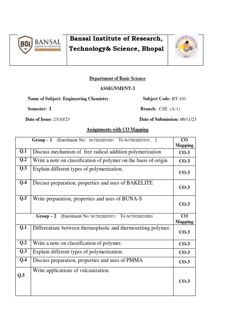 A1 - Assignments 03 BT 101 | PDF | Polymers | Polymerization