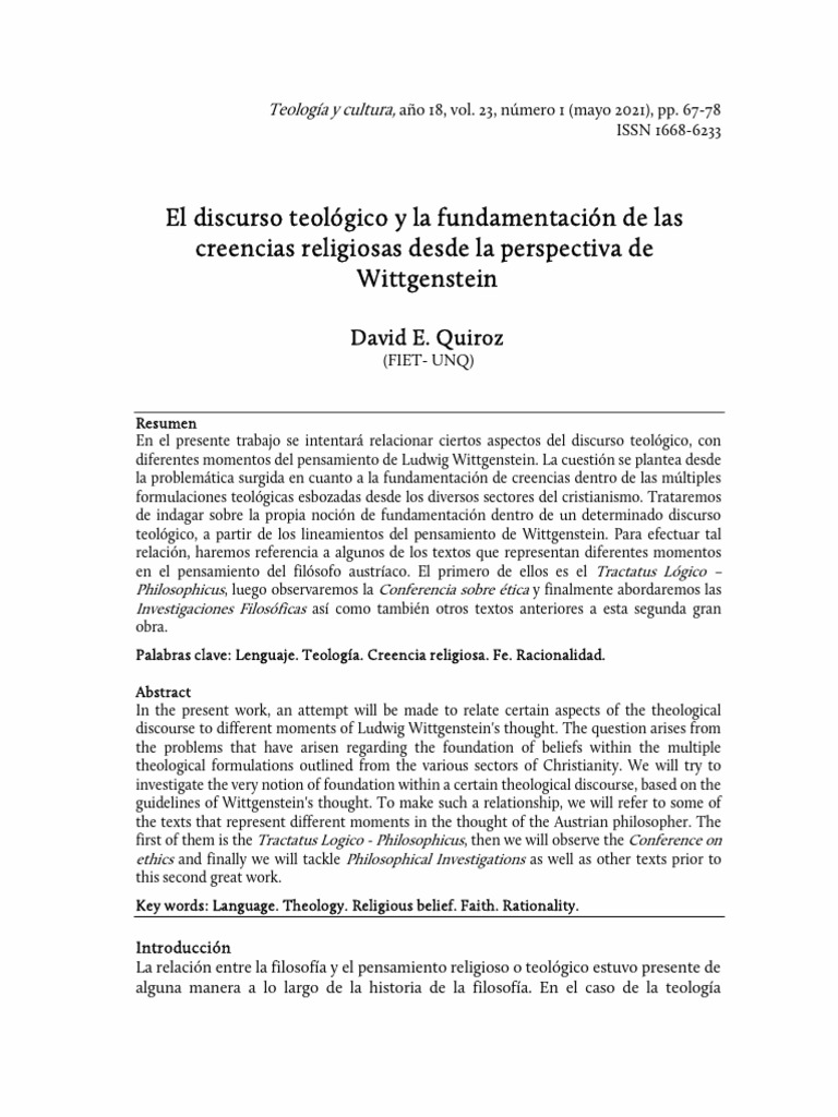 El Discurso Teológico y La Fundamentación de Las Creencias Religiosas ...