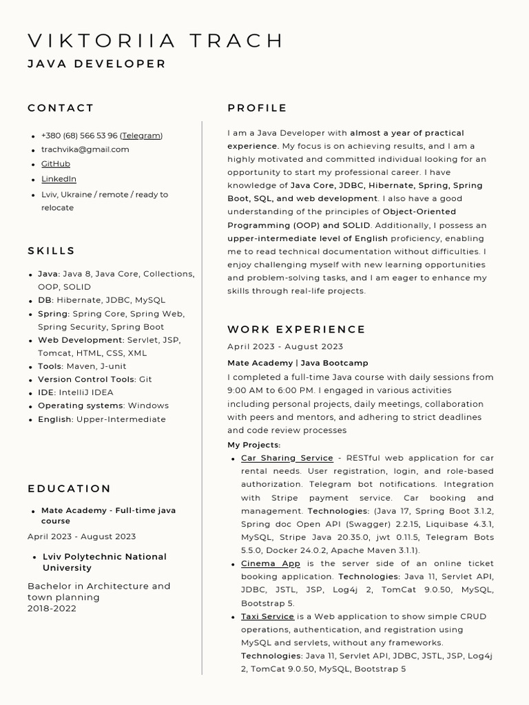 CV Viktoriia Trach | PDF | Java (Programming Language) | Spring Framework