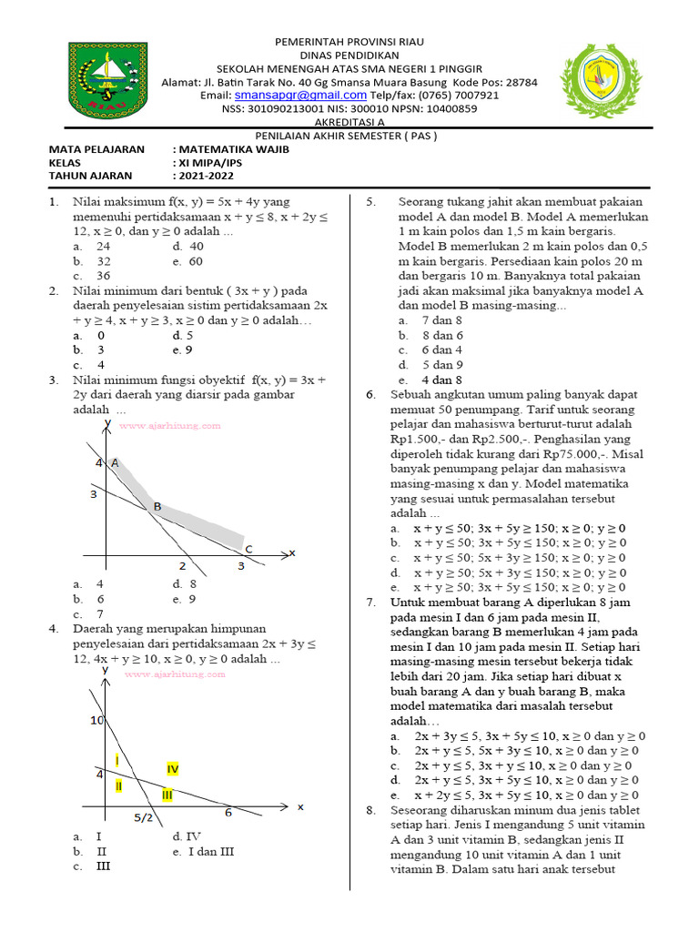 Soal Sem Ganjil MTK Wajib Xi T.A 2021 - 2022 | PDF | Metode & Bahan Ajar
