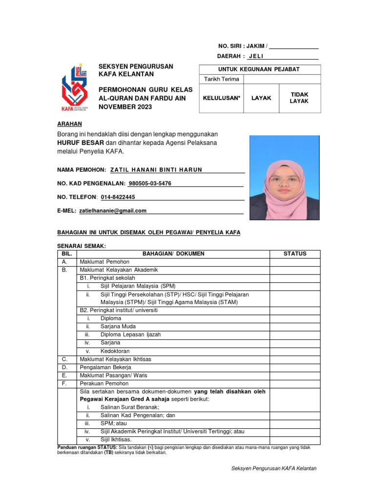 Borang Permohonan Guru Kafa 2023 | PDF