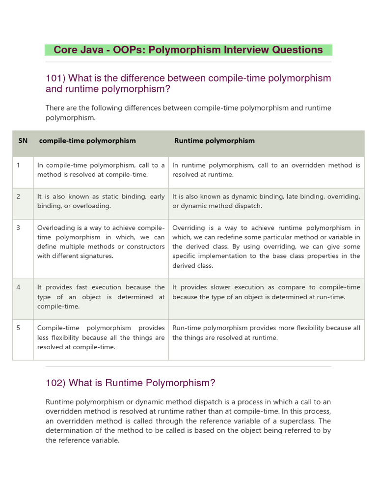 Core Java OOPs - Polymorphism Interview Questions | PDF