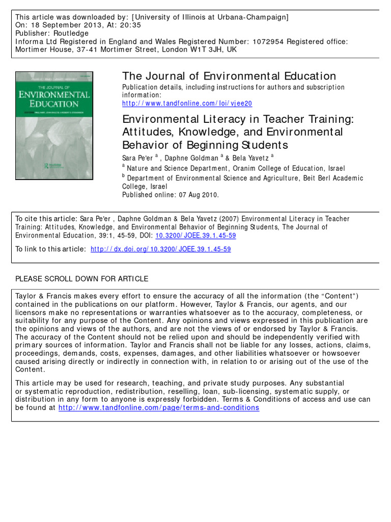 Pe'Er Et Al. (2007) Environmental Literacy in Teacher Training | PDF ...