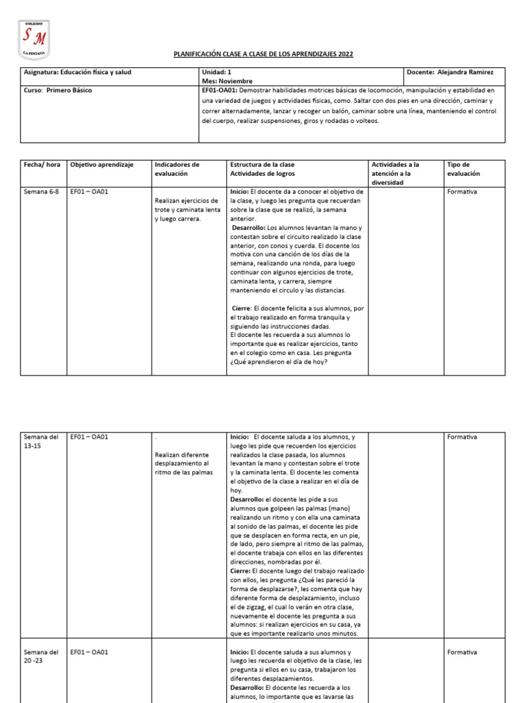 planificacion de Educacion Fisica NOBIEMBRE | PDF | Evaluación