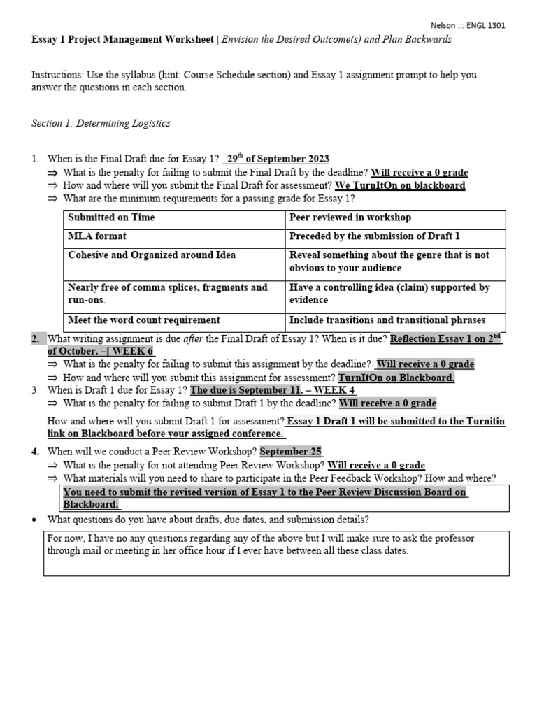 Essay 1 Project Worksheet 1301 | PDF | Essays | Peer Review