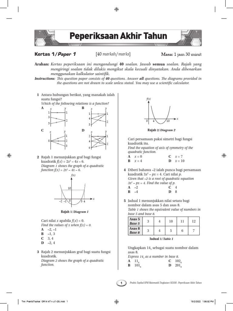 Peperiksaan Akhir Tahun PAT_PT SPM Matematik Tingkatan 4 | PDF