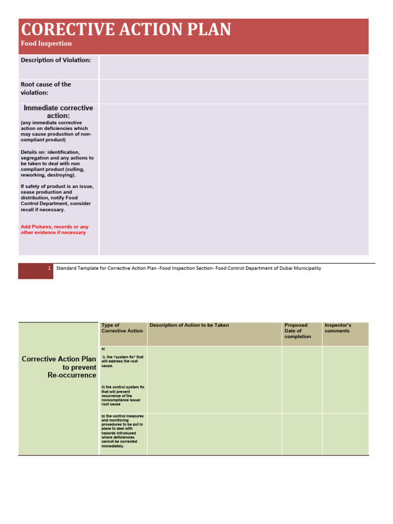 Corective Action Plan: Food Inspection | PDF