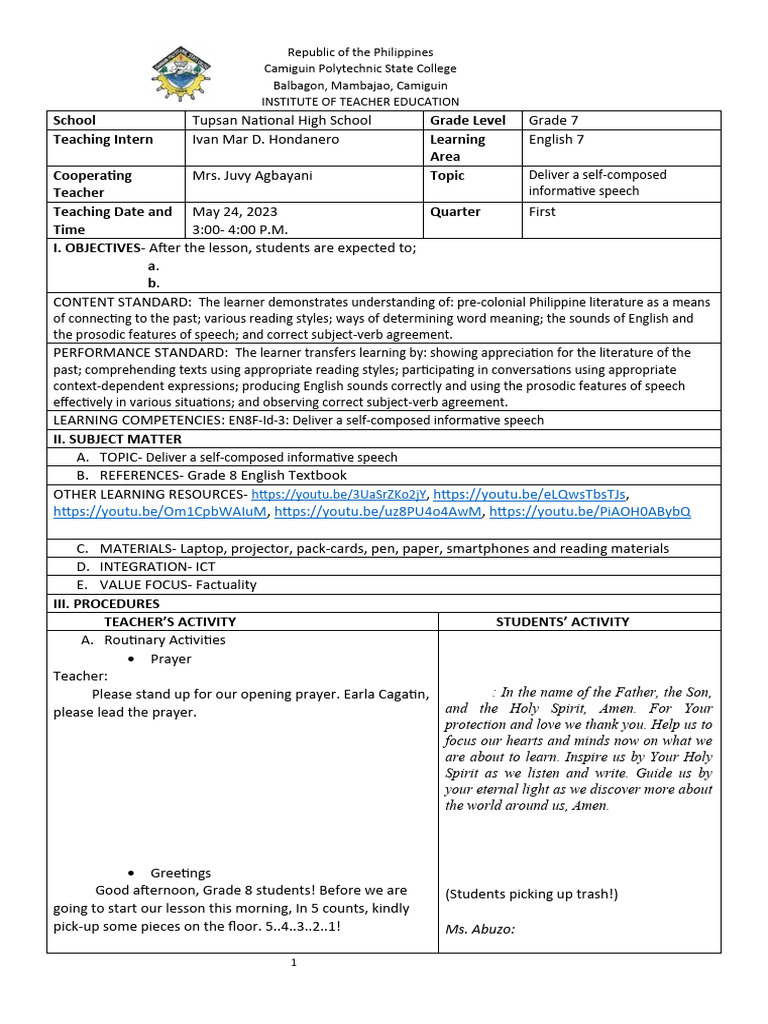 Grade 7 Informative Speech Lesson Plan | PDF | Essays | Teachers