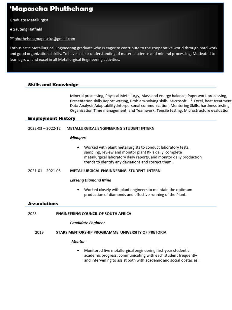 Resume and Qualifications 1 | PDF | Metallurgy | Engineering