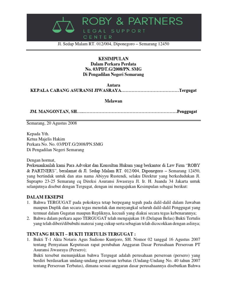 Lab Perdata Kesimpulan Tergugat | PDF