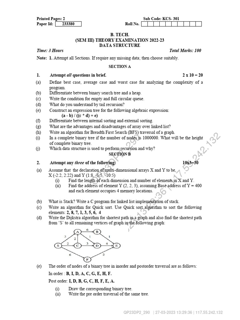 Btech Cs 3 Sem Data Structure Kcs 301 2023 | PDF | Applied Mathematics | Computer Science