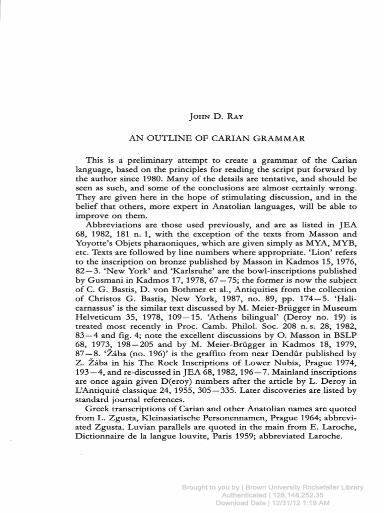 Ray 1990 (An Outline of Carian Grammar) | PDF | Consonant | Linguistic ...