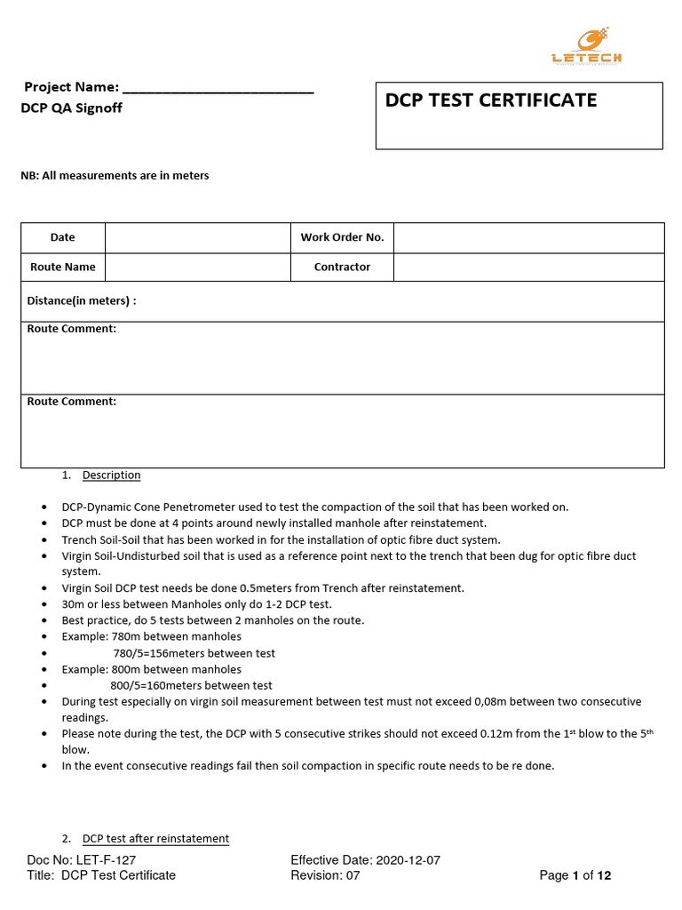 DCP Soil Compaction Test Certificate | PDF