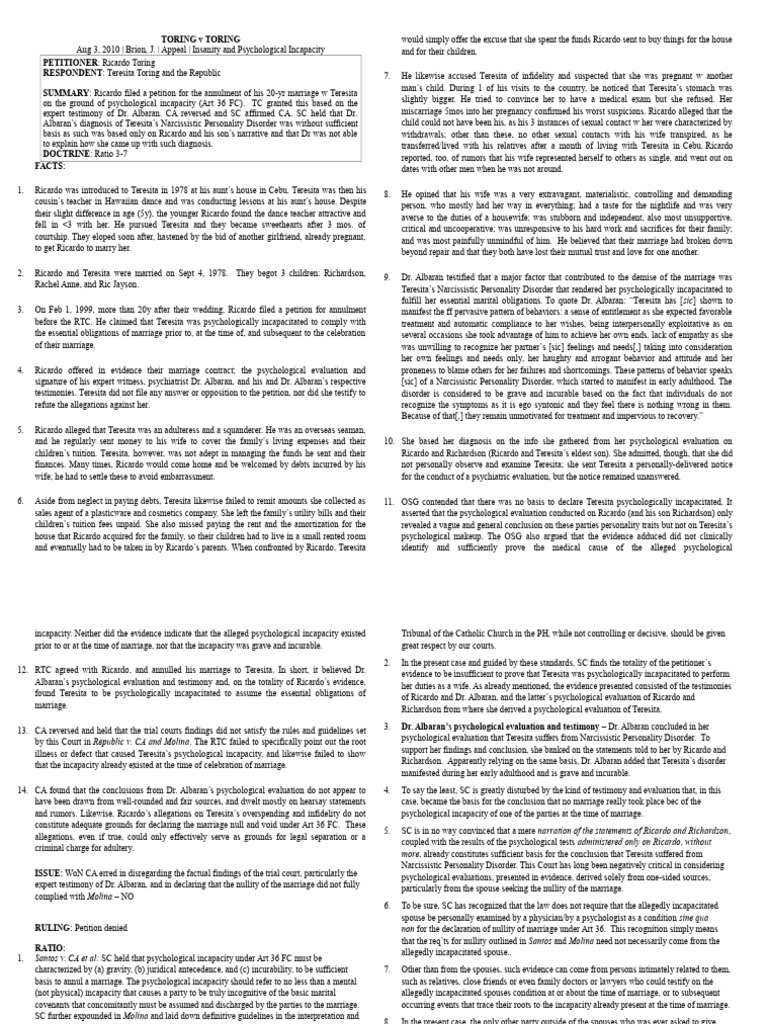 Toring vs. Toring - Case Digest | PDF