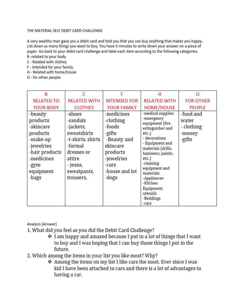 The Material Self Debit Card Challenge | PDF