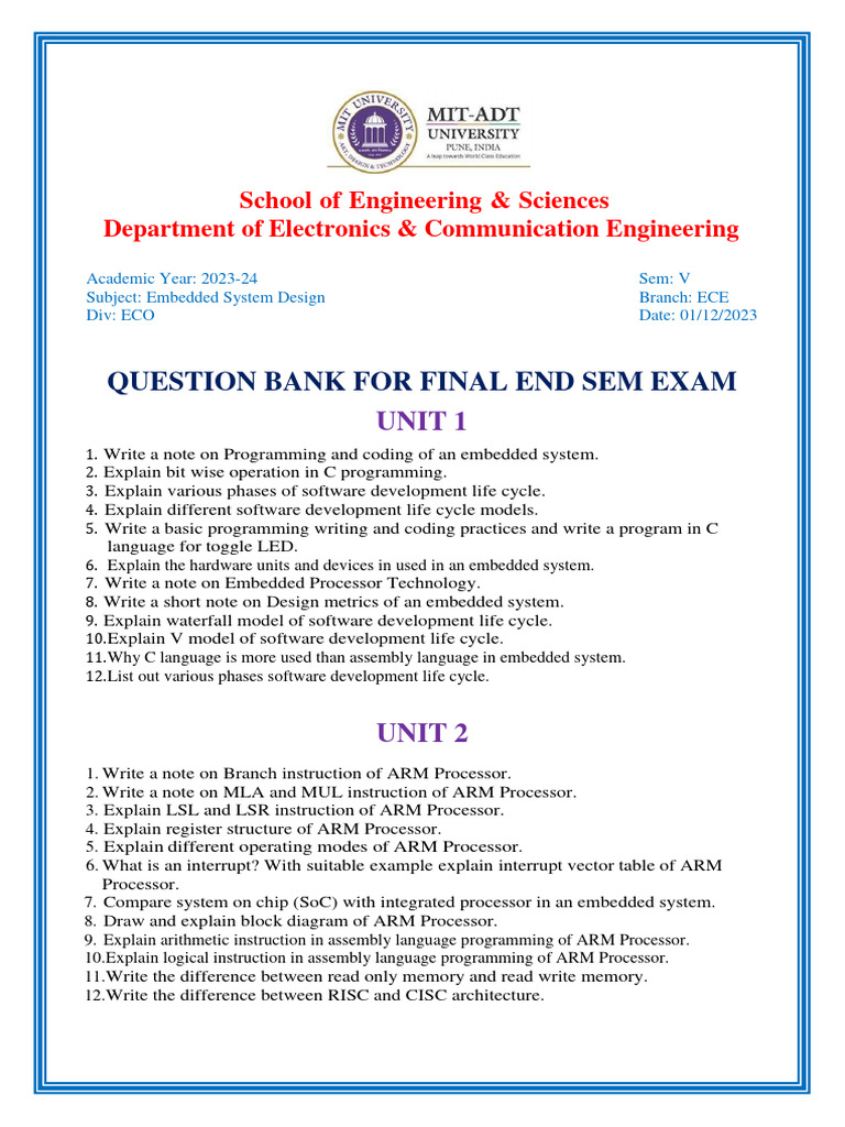 Embedded Systems Exam Question Bank | PDF | Embedded System | Operating System