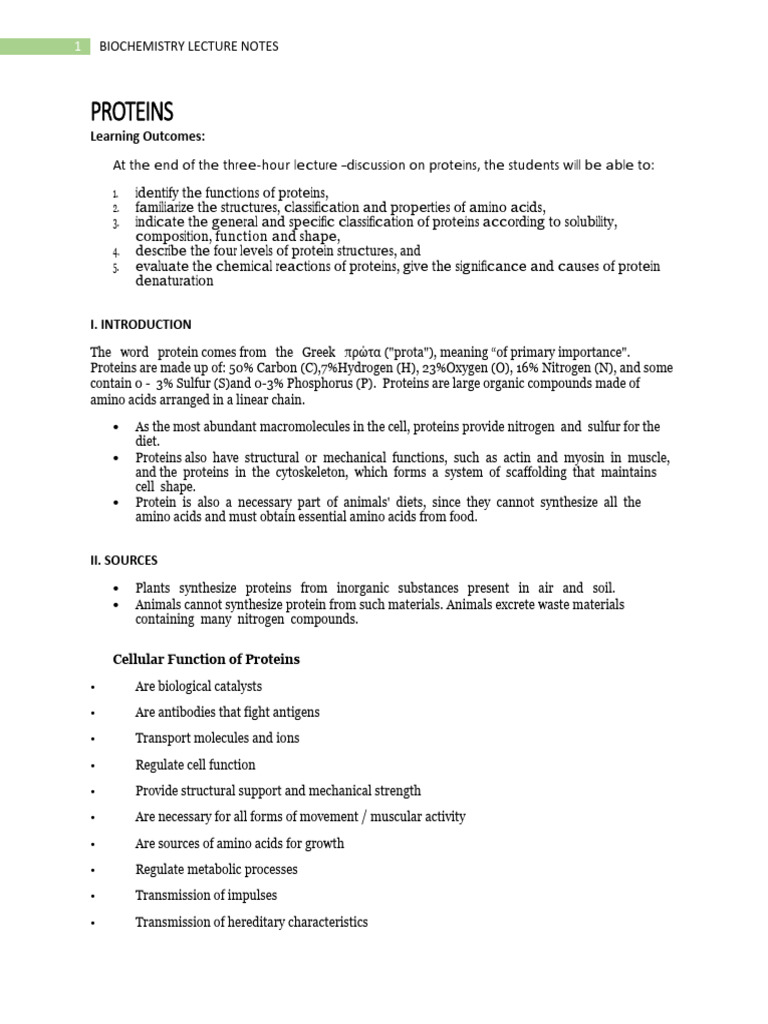 Proteins Students Lecture Notes | PDF | Amino Acid | Proteins