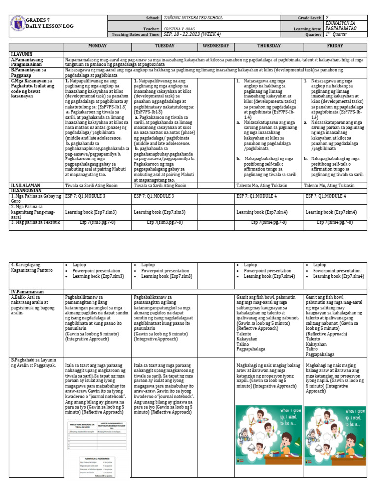 Esp 7-Q1-Week 4-Sept-18-22-2023 | PDF | Career & Growth