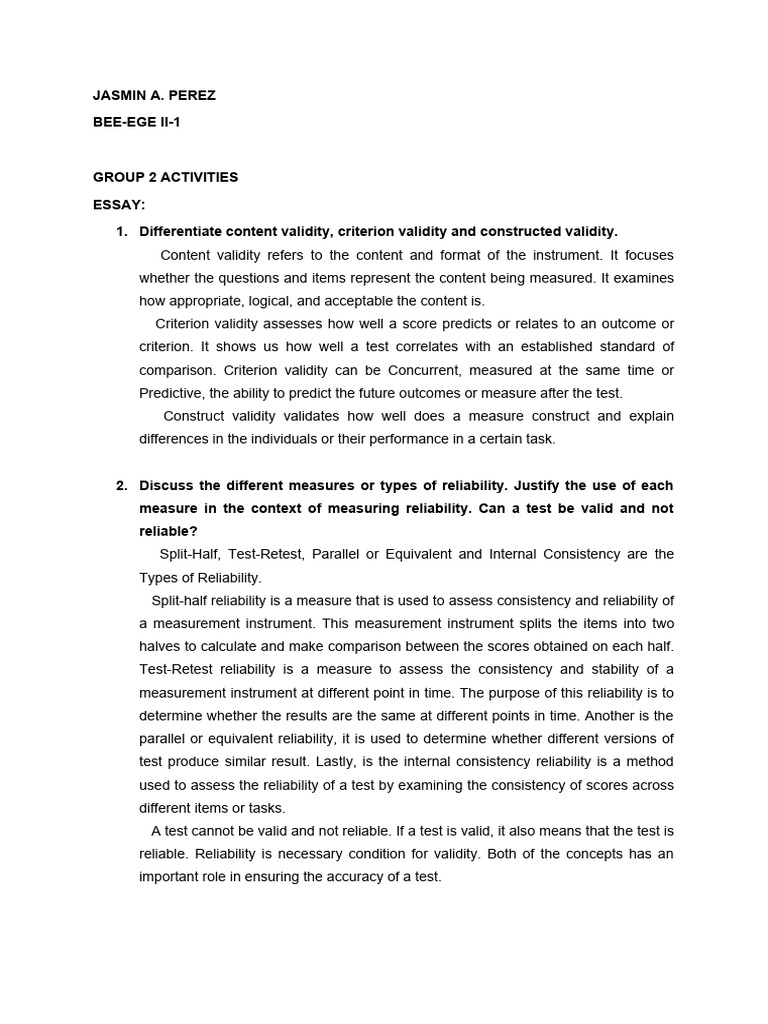 Group 2 Activities 1 | PDF | Validity (Statistics) | Educational Assessment