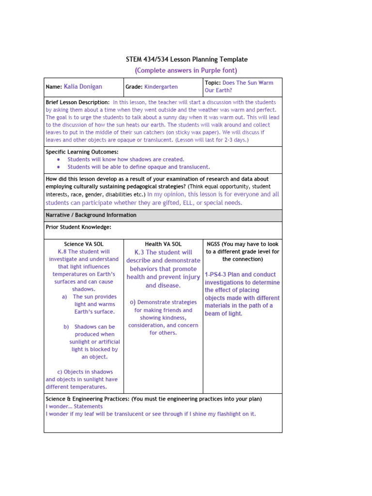 Stem 434 Lesson Plan 2 Final | PDF | Learning | Sun