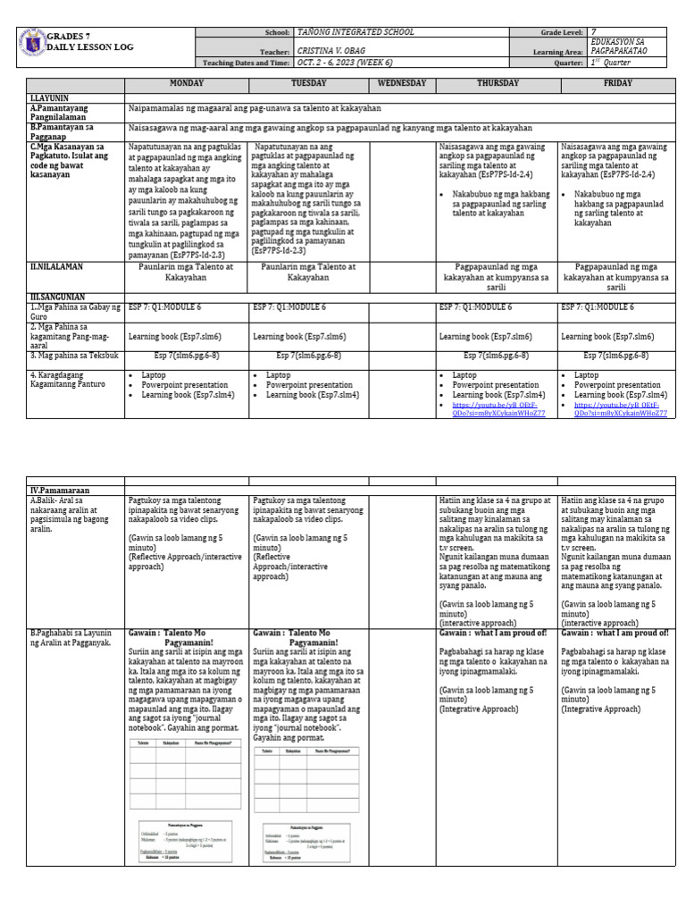 Esp 7-Q1-Week 6-Oct-2-6-2023 | PDF