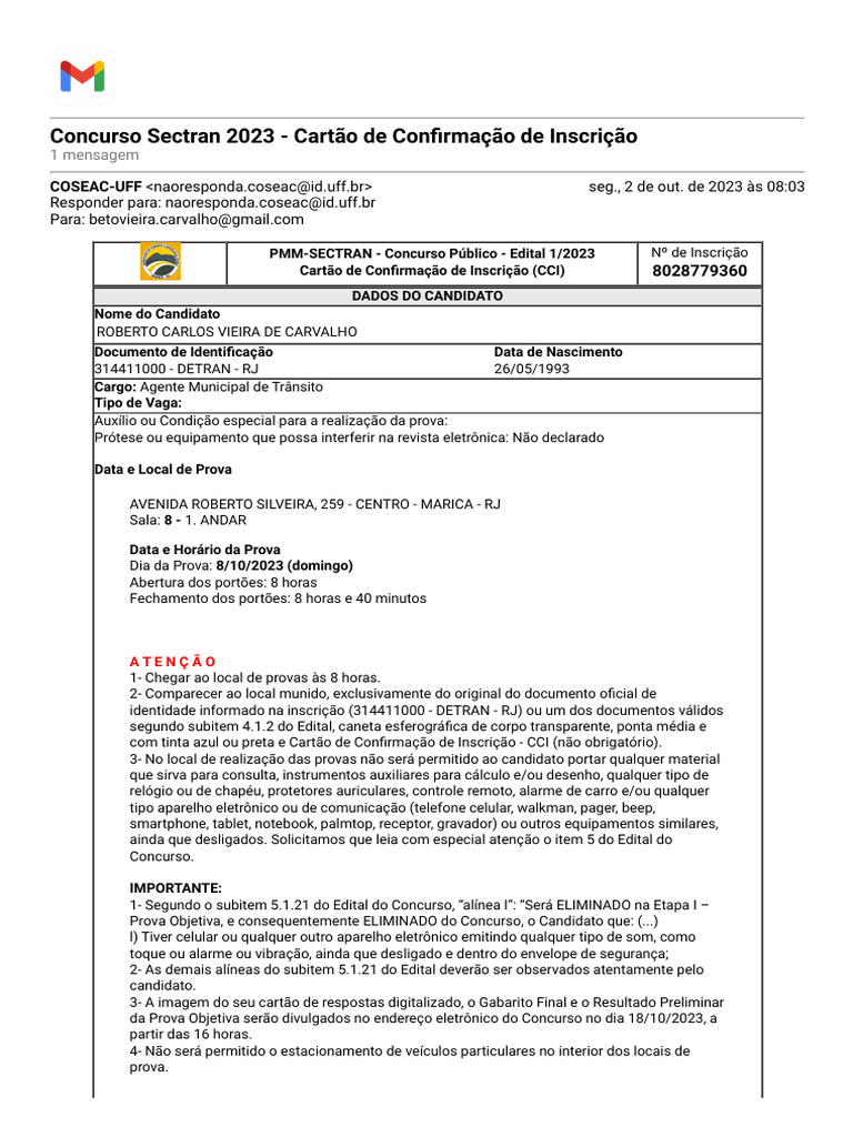 Cartão de Confirmação - Concurso Sectran 2023 | PDF