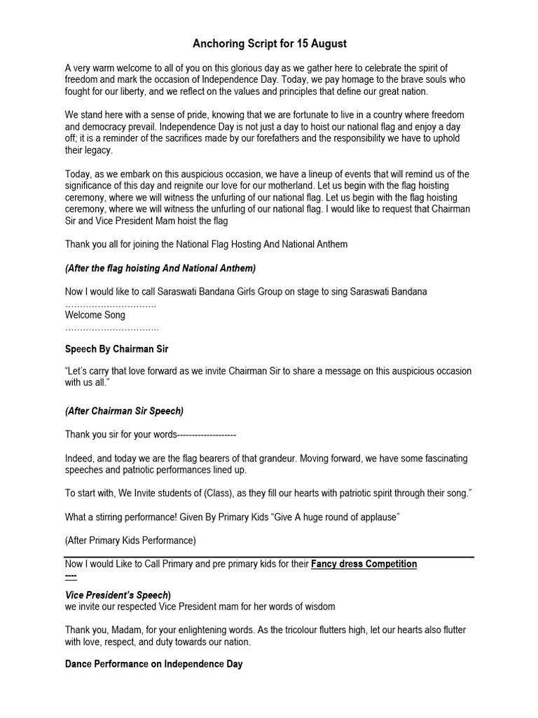 Anchoring Script For 15 August | PDF | Art
