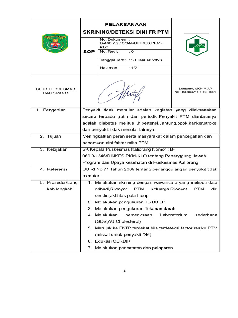 Sop Skrining Atau Deteksi Dini PTM | PDF