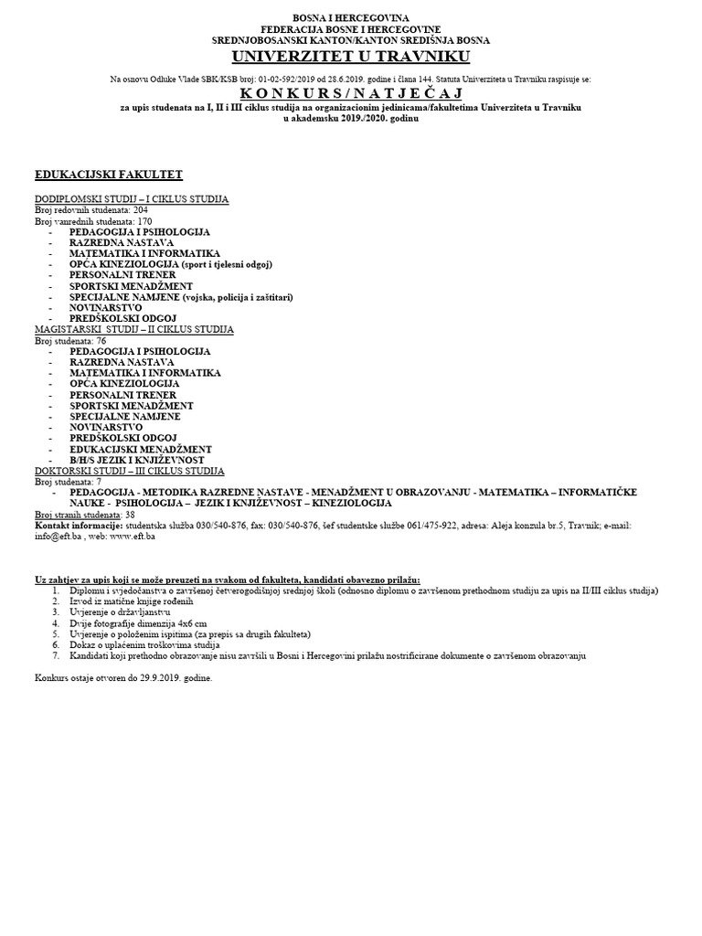 Konkurs Za Upis Studenata - EFT | PDF
