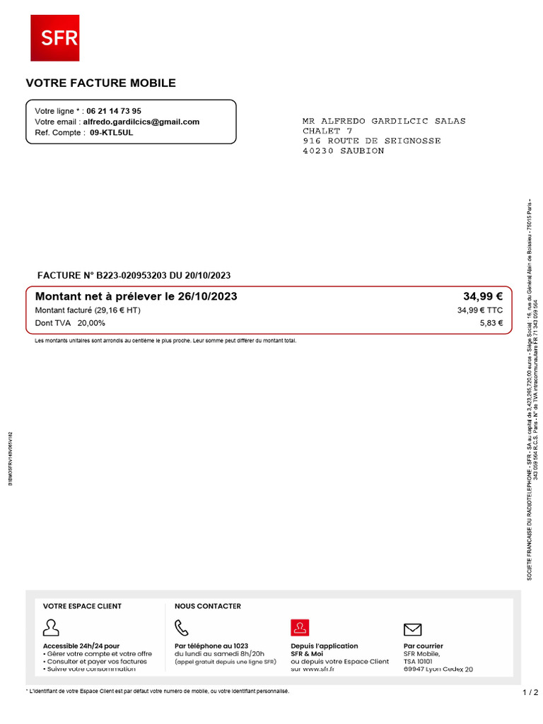Facture Mobile SFR du 20/10/2023 | PDF