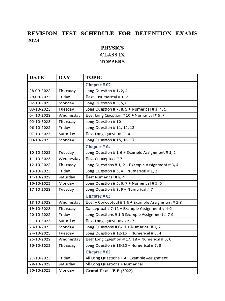 REVISION TEST SCHEDULE class 9 | PDF REVISION TEST SCHEDULE class 9 | PDF