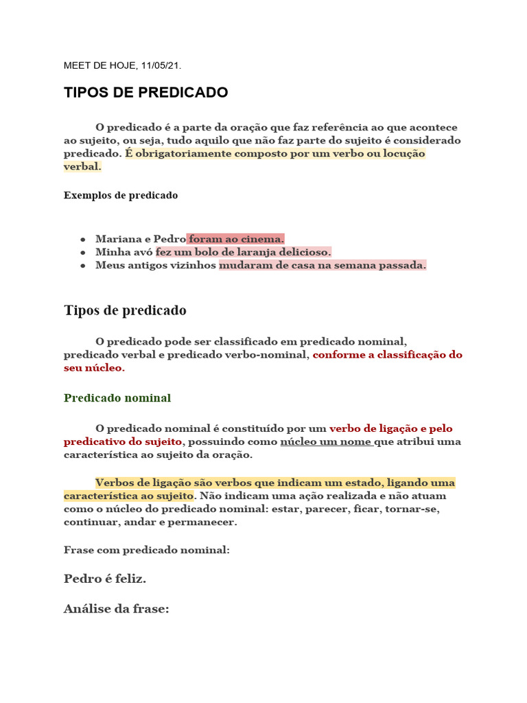 Tipos e Exemplos de Predicado | PDF | Predicado (gramática) | Assunto ...